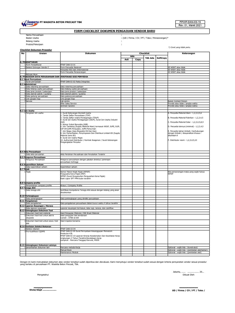 4ee18 FPWP Dan 03 15 Checklist Pengajuan Vendor Baru Rev 01 | PDF