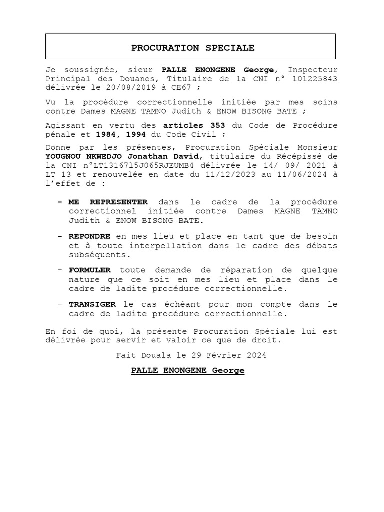 Procuration Speciale Palle Enongen George | PDF