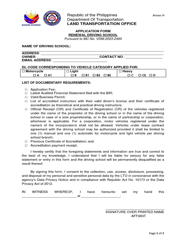Annex H Renewal Application Form DS VDM | PDF | Driver's License