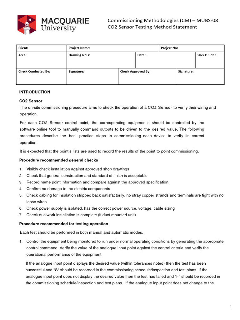 CO2 Sensor Testing Method Statement | PDF | Duct (Flow) | Power Supply