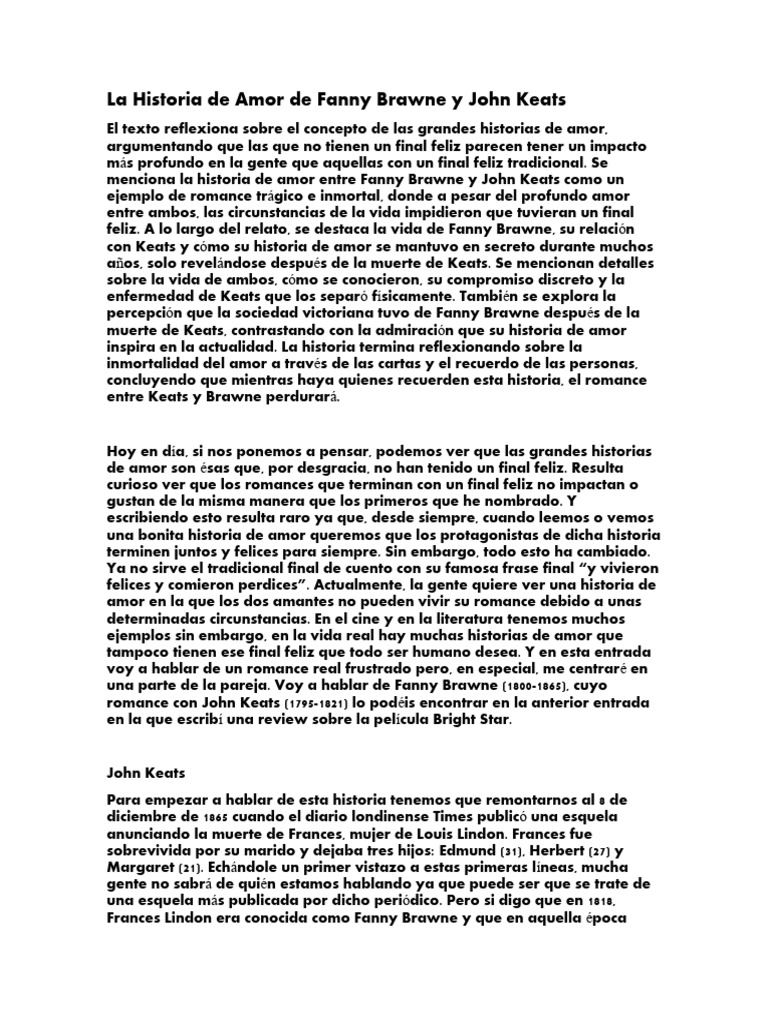 La Historia de Amor de Fanny Brawne y John Keats | PDF | John Keats | Amor