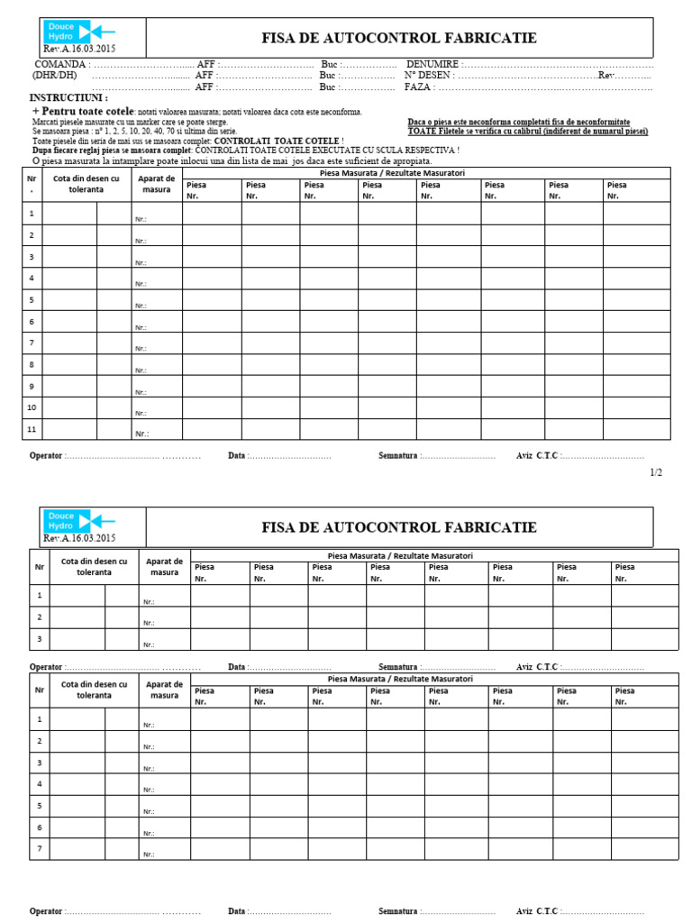 #Fisa Autocontrol Fabricatie | PDF