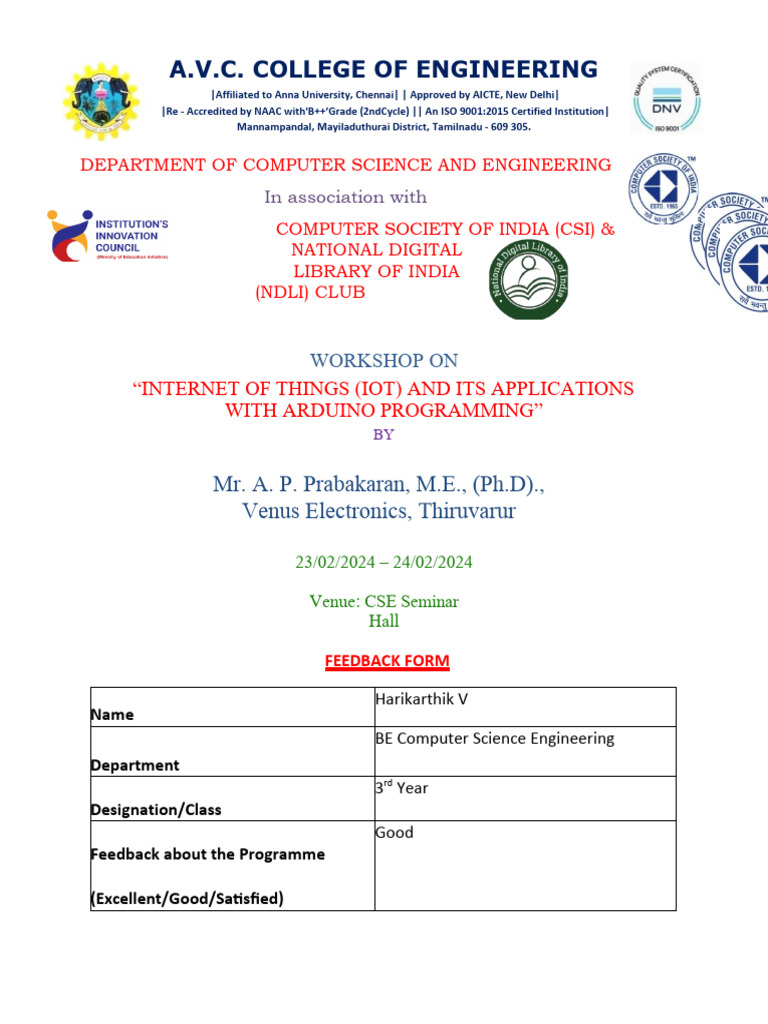 NDLI - CSE IOT Workshop Feedback Form | PDF