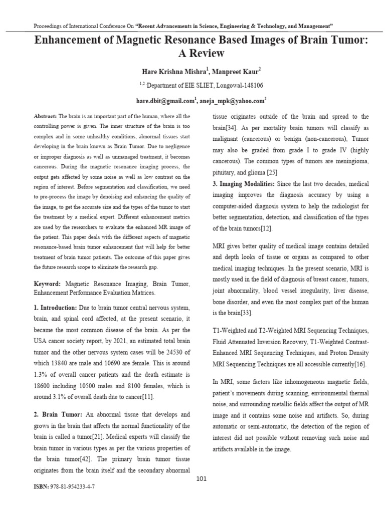 Enhancement of Magnetic Resonance Based Images of Brain Tumor | PDF | Magnetic Resonance Imaging ...