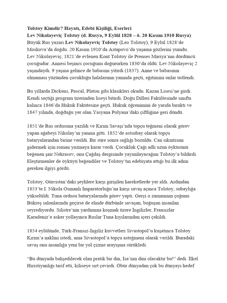 Tolstoy Kimdir Turk Edeb | PDF