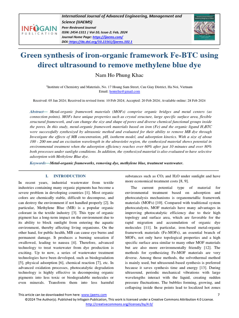 Green Synthesis of Iron-Organic Framework Fe-BTC Using Direct ... Green Synthesis of Iron-Organic Framework Fe-BTC Using Direct ...