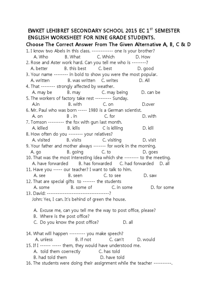 Worksheet9th1st Sem 2015 | PDF