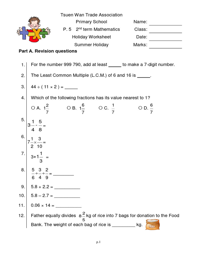 P.5 Mathematics Holiday Worksheet | PDF | Volume | Area