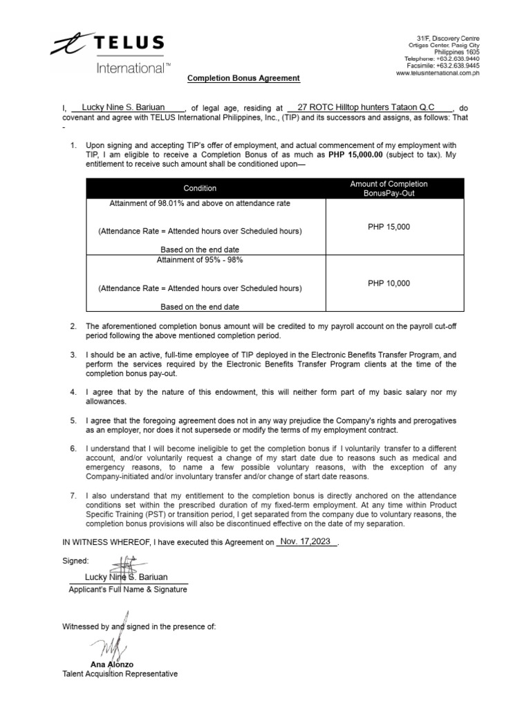 Completion Bonus Agreement for TIP Employees | PDF | Employment | Payroll