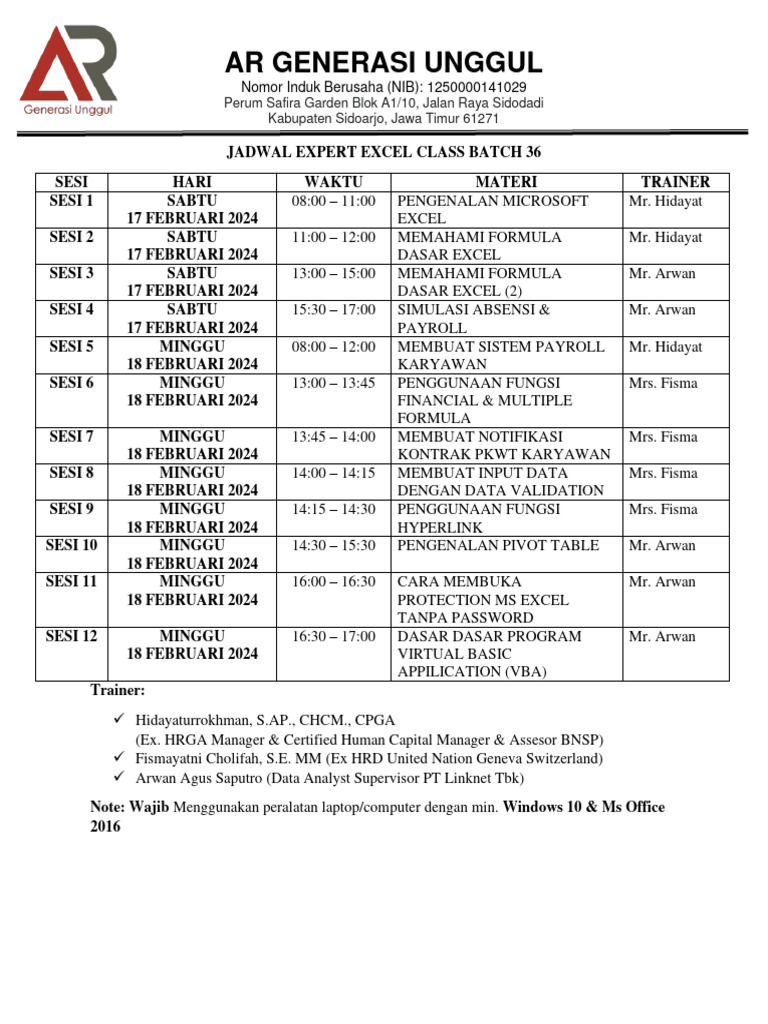 Jadwal Expert Excel Class Batch 36-1 | PDF