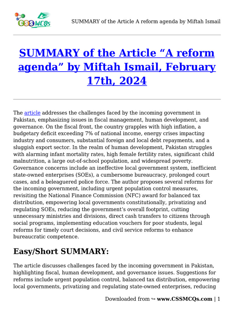 SUMMARY of The Article A Reform Agenda by Miftah Ismail | PDF | State Owned Enterprise ...