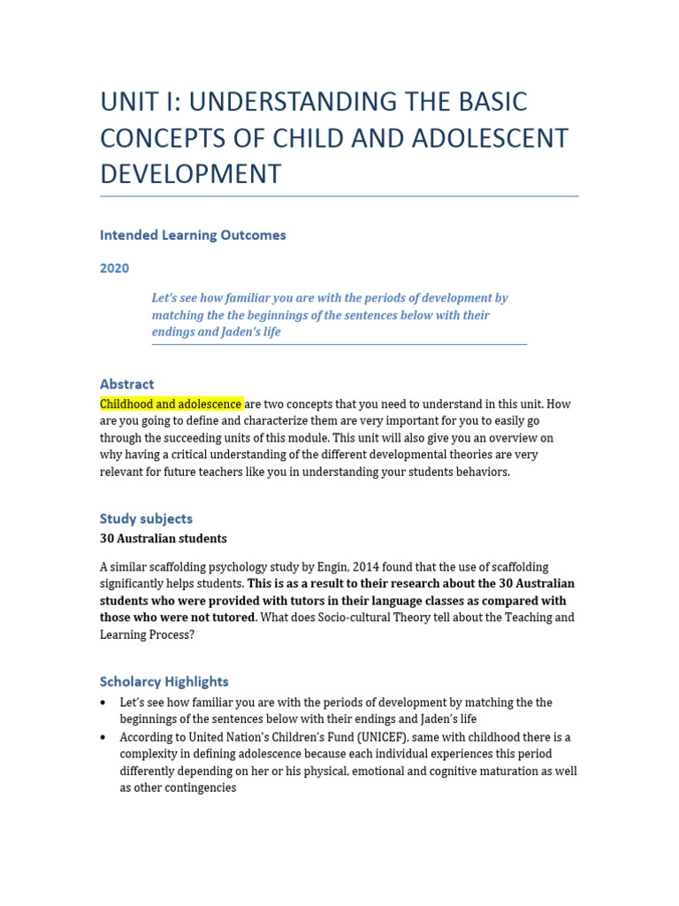 Unit I Understanding The Basic Concepts of Child and Adolescent Development | PDF ...