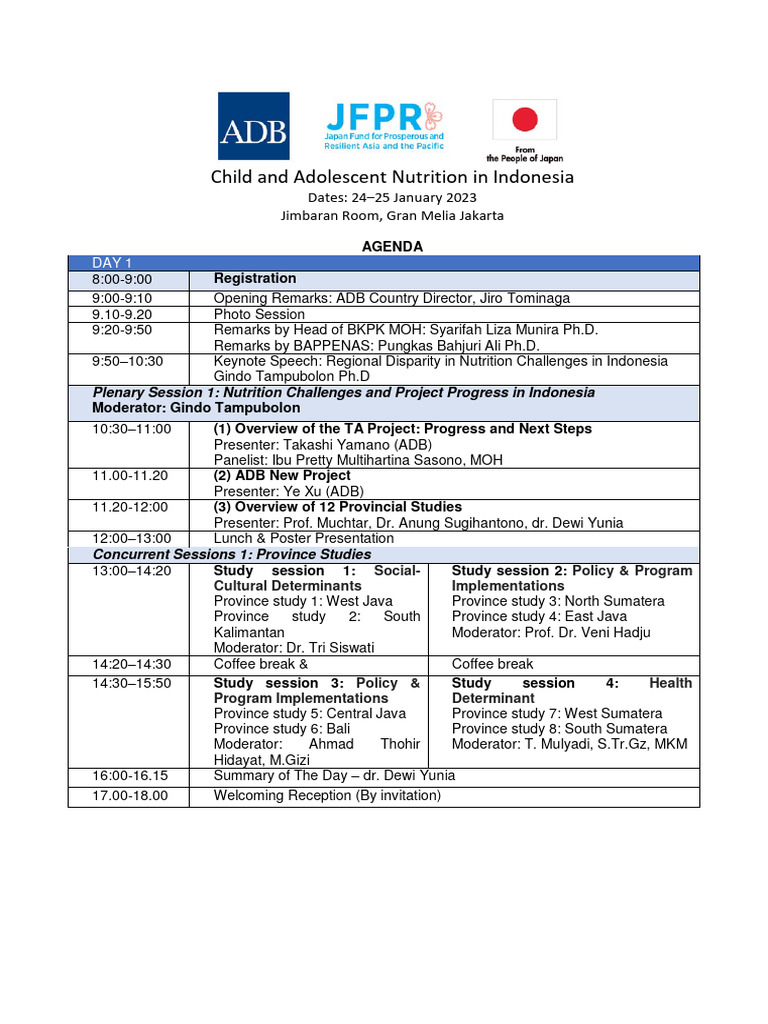 Schedulle Agenda ADB National Workshop | PDF
