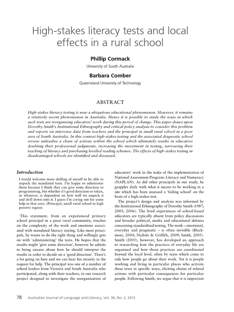 3 - Cormack & Comber (2013) High Stakes Literacy Tests and Local ...