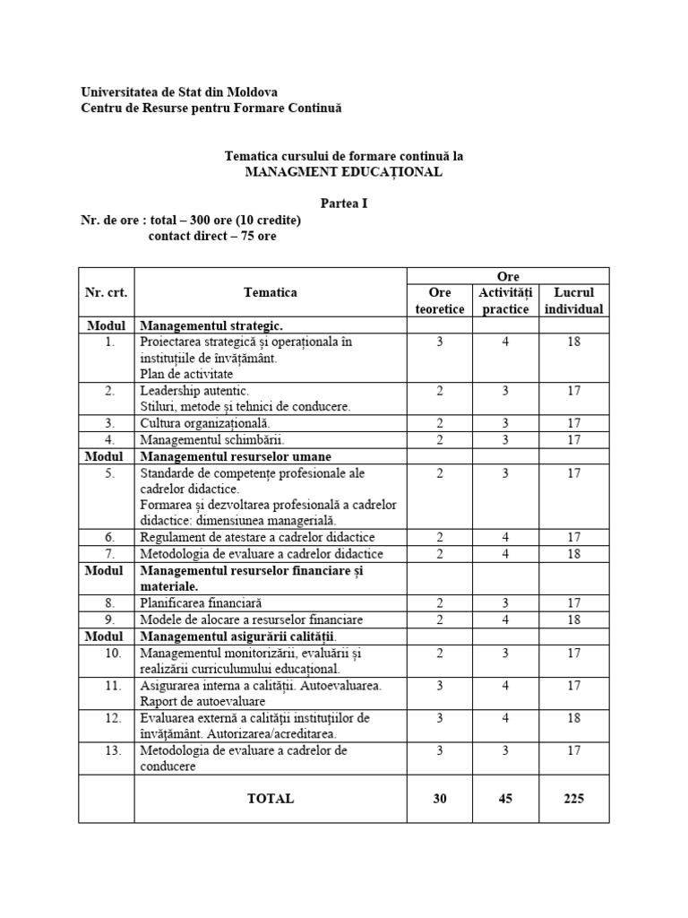 Unitati de Continut Curs Formare Continua Management Educational 2023 | PDF