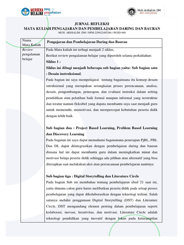 JURNAL REFLEKSI Pengajaran Dan Pembelajaran Daring Dan Bauran | PDF