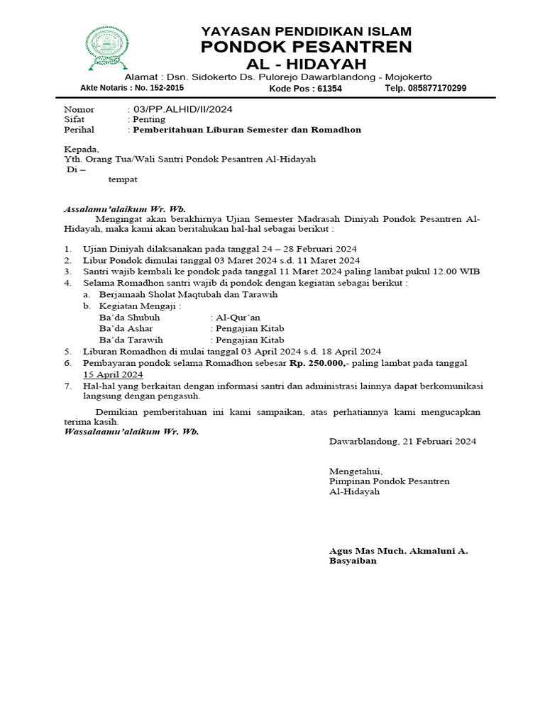 Surat Pemberitahuan Pulang Pondok Pesantren | PDF
