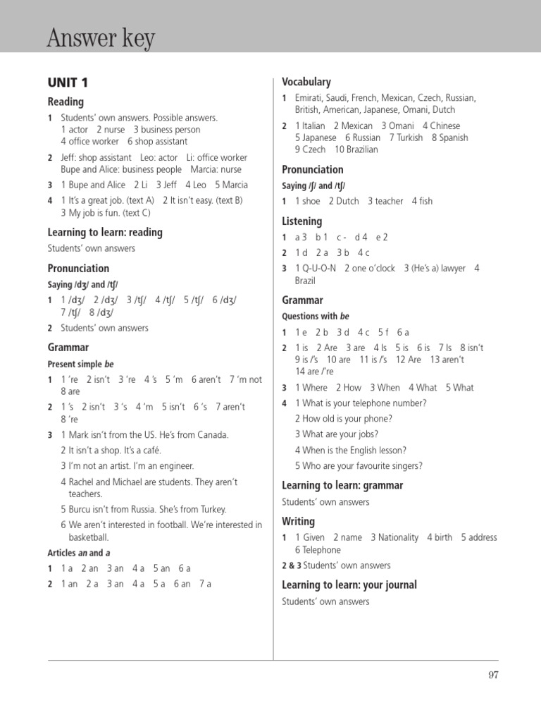 Voices Elementary Workbook Key | PDF