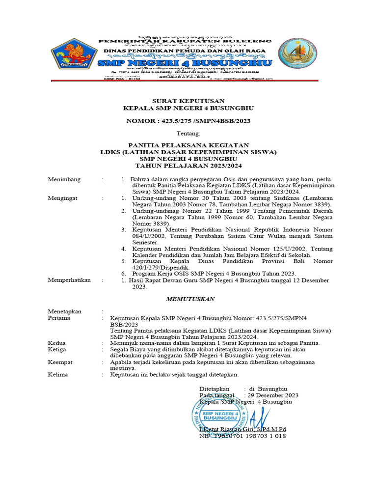 Surat Keputusan LDKS 2023 2024... | PDF