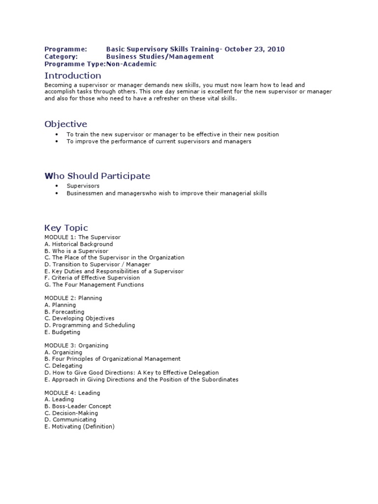 Basic Supervisory Skills Training | PDF