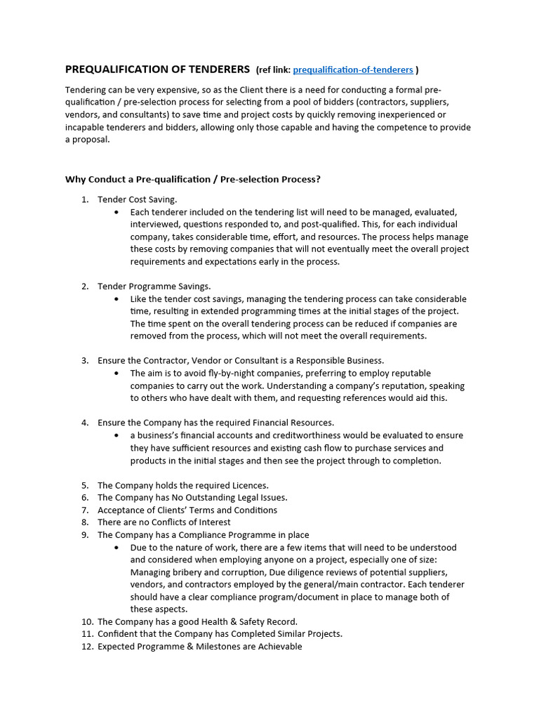Prequalification Process for Tenderers | PDF | Risk | Safety