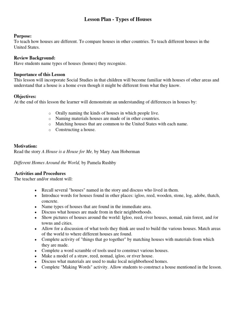 Lesson Plan - Types of Houses | PDF
