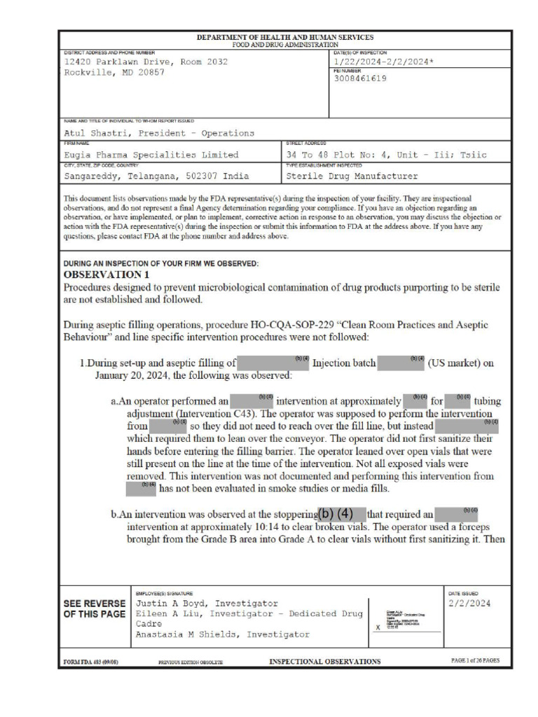 FDA 483 Observations at Eugia Pharma | PDF | Food And Drug ...