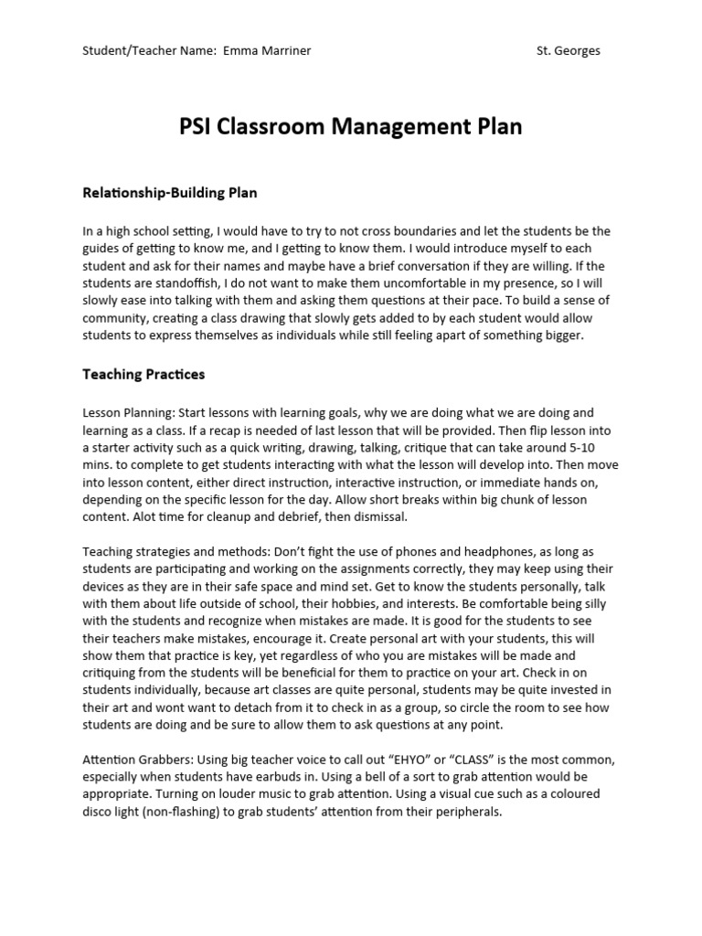 Classroom Management Plan Template-1 | PDF | Classroom Management ...