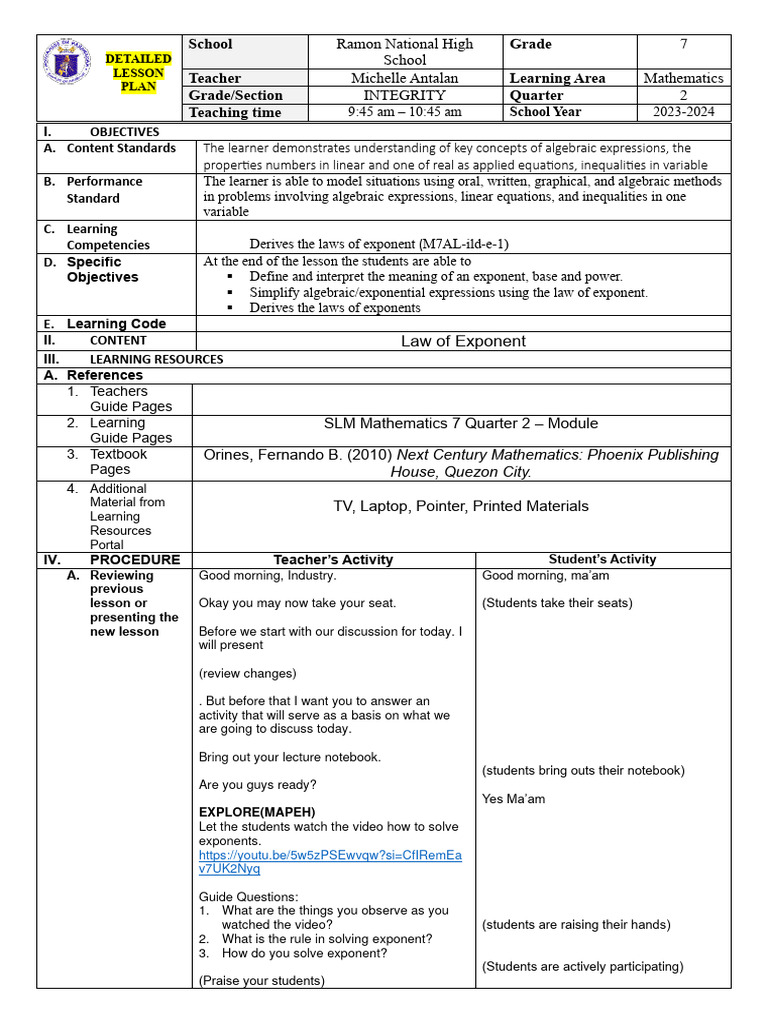 DETAILED LESSON PLAN Final | PDF | Exponentiation | Mathematics