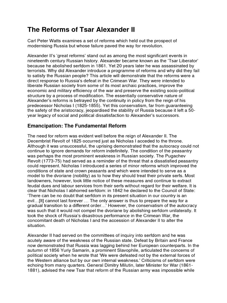 The Reforms of Tsar Alexander II | PDF | Russian Empire | Serfdom