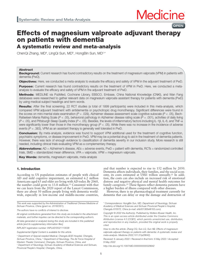 Medicine: Effects of Magnesium Valproate Adjuvant Therapy On Patients With Dementia | PDF