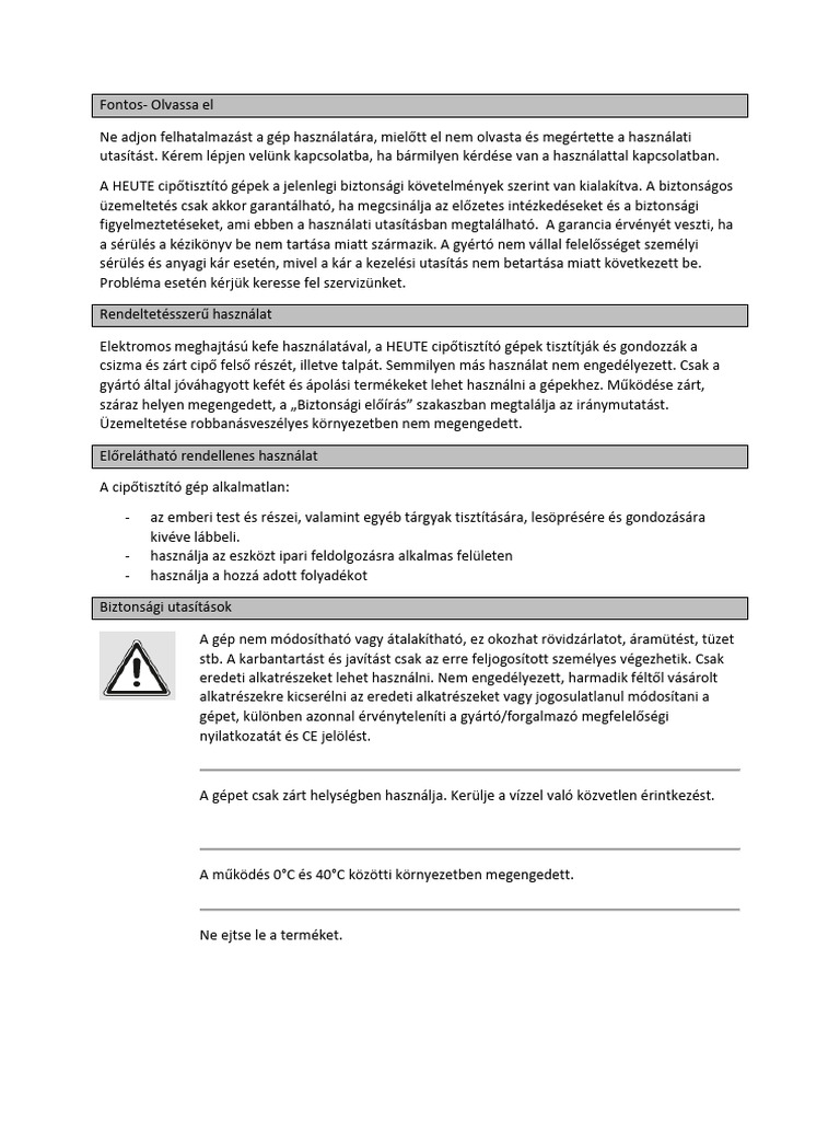 Heute Cosmo Plus 3 Cipőtisztítógép Használati Utasítás | PDF