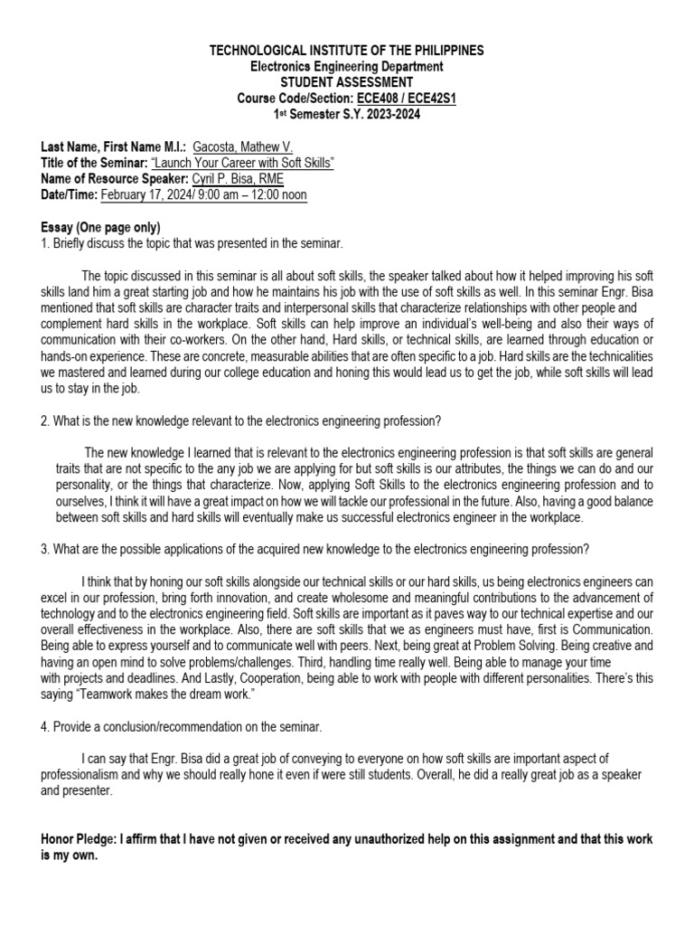 ReflectionPaper2 Gacosta ECE408 | PDF | Skill | Engineering