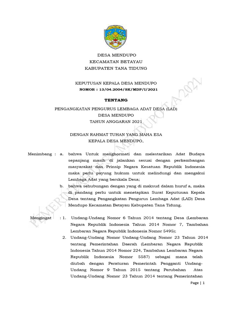 13 SK Lembaga Adat (Lad) - Mendupo - 2021 | PDF