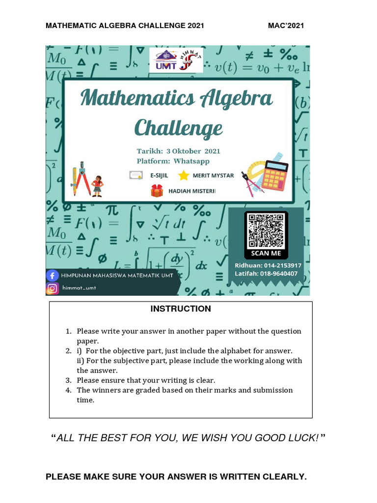 Mathematic Algebra Challenge | PDF | Elementary Mathematics | Mathematics