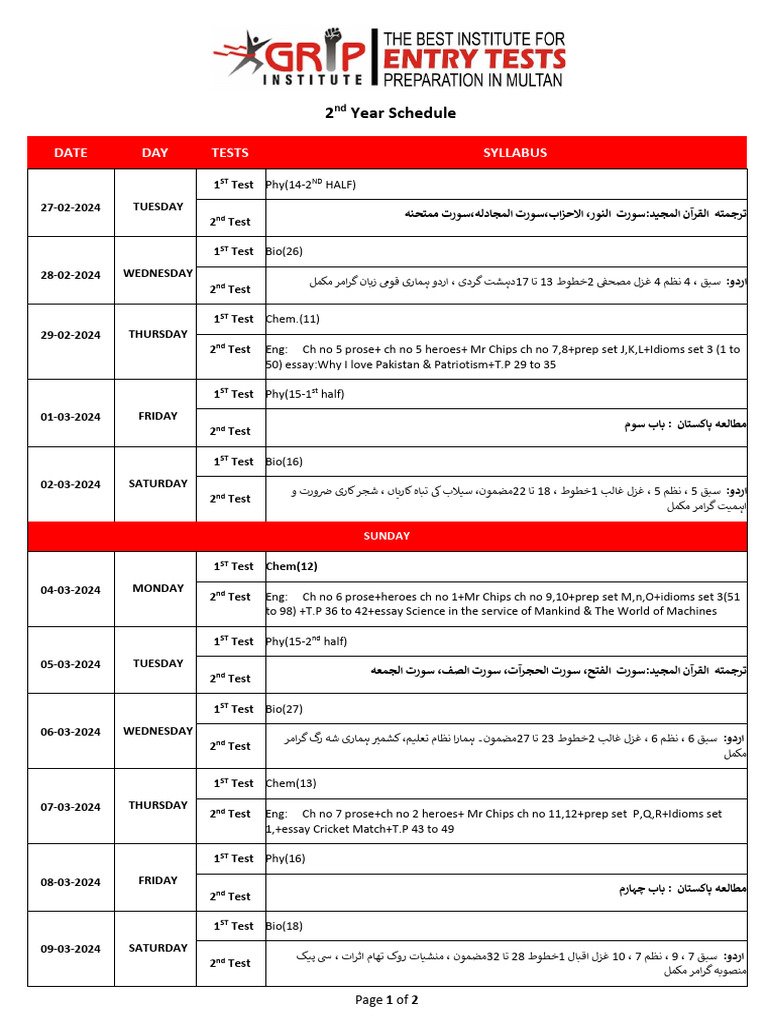 2nd Year Schedule Final | PDF