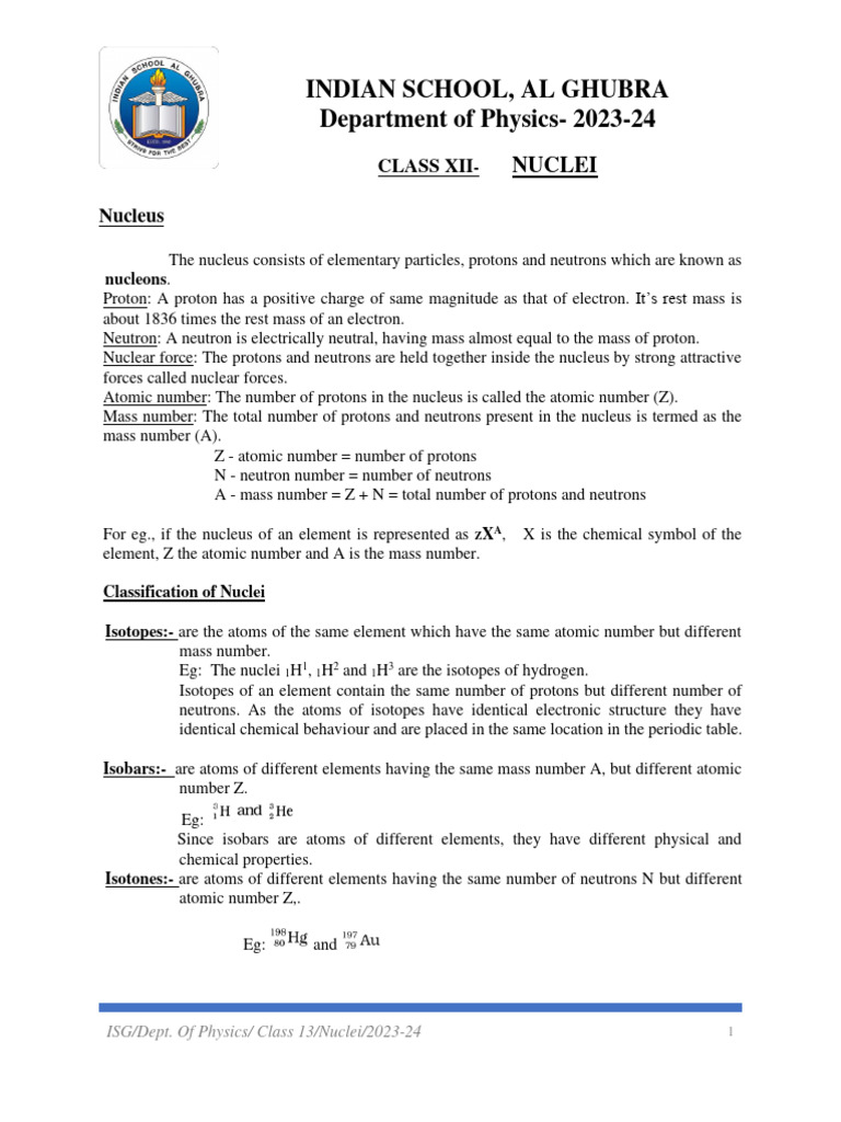Class XII Physics: Nuclei Overview | PDF
