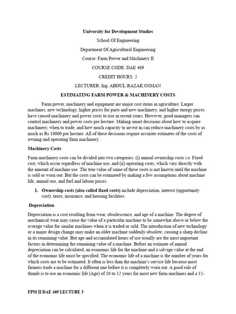 Lecture 3 Estimating Cost of Farm Machinery | PDF | Depreciation | Labour Economics
