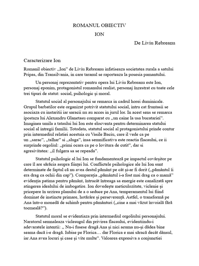 ROMANUL OBIECTIV - Caracterizare - Ion | PDF