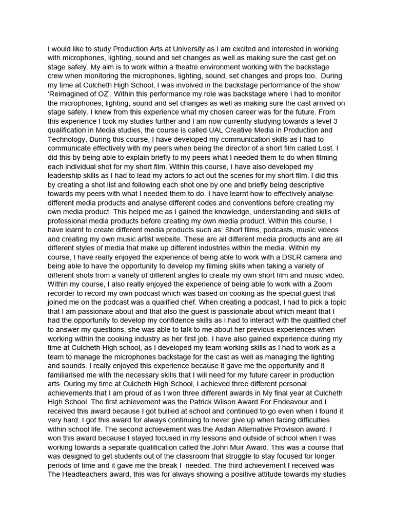 Media Production Arts Personal Statement | PDF | Learning | Human ...