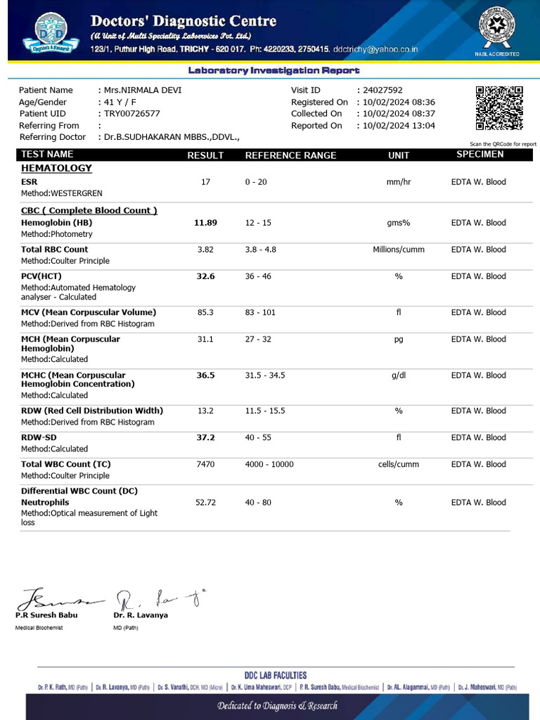 Hematology: Test Name Result Reference Range Unit Specimen | PDF ...