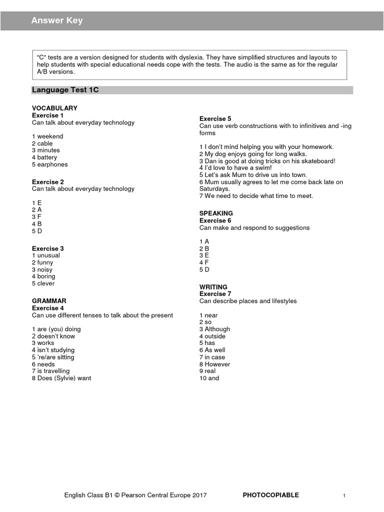 ECB1 Tests Answer Key C | PDF | English Language | Verb