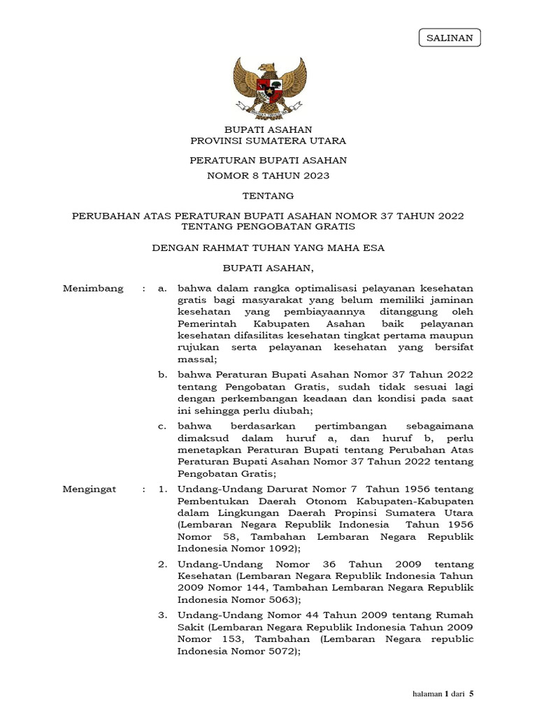Perbup 8 Tahun 2023 Perubahan Atas Perbup 37 Tahun 2022 TTG Pengobatan ...