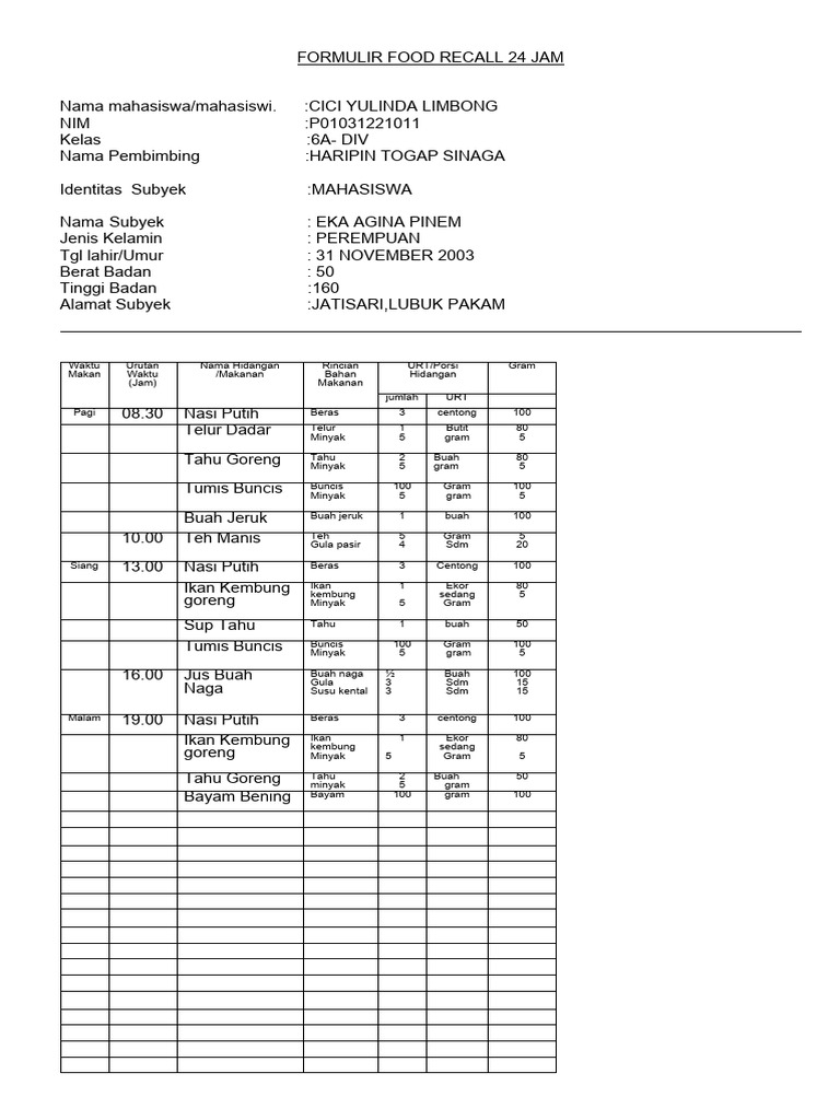 Formulir Food Recall Mahasiswa Cici | PDF
