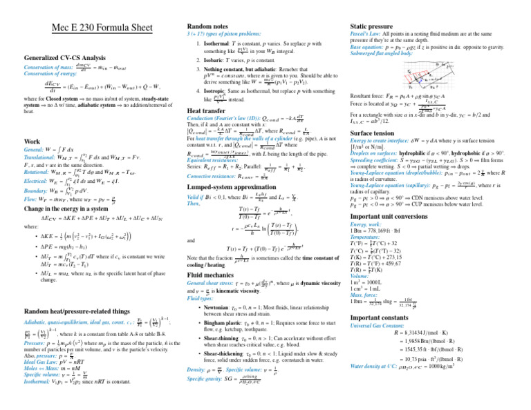 Thermodynamics & Fluid Mechanics Formulas | PDF