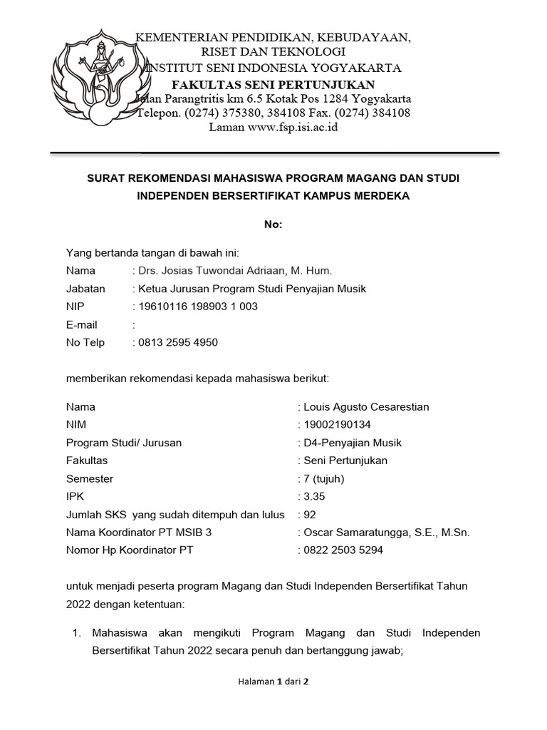 (Kaprodi) Surat Rekomendasi PT Untuk Mahasiswa Program MSIB Angkatan 3 ...
