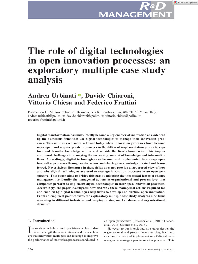 R D Management - 2018 - Urbinati - The Role of Digital Technologies in Open Innovation Processes ...