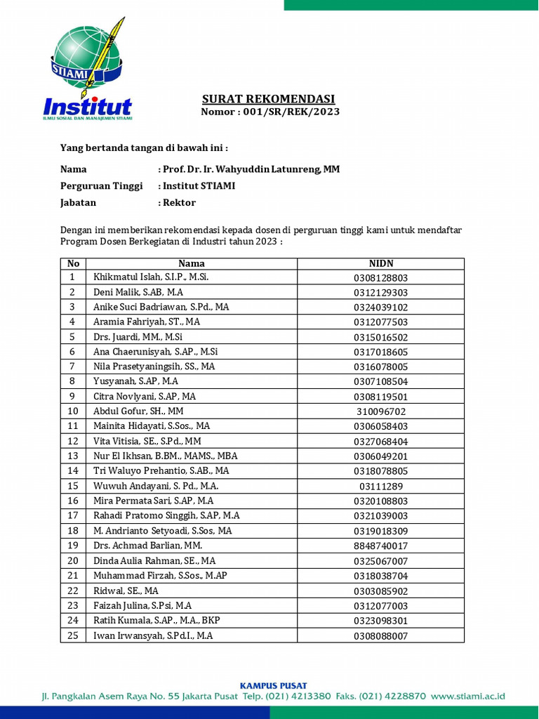 001 SR Program Dosen Berkegiatan Di Industri 2023, REKTOR | PDF
