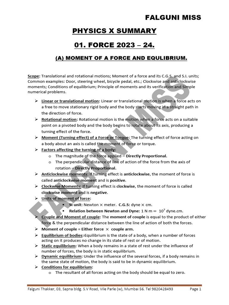 01 Phy Icse X Force | PDF | Torque | Force