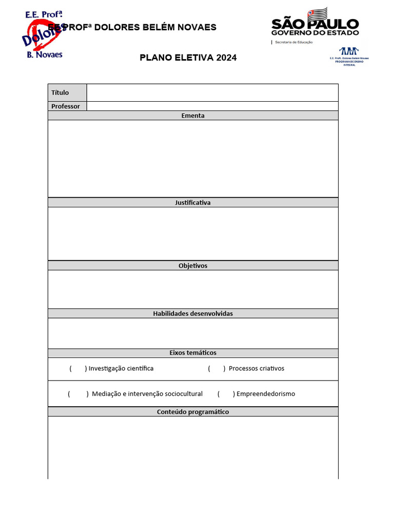 Modelo Plano Completo Da Eletiva 2024 | PDF